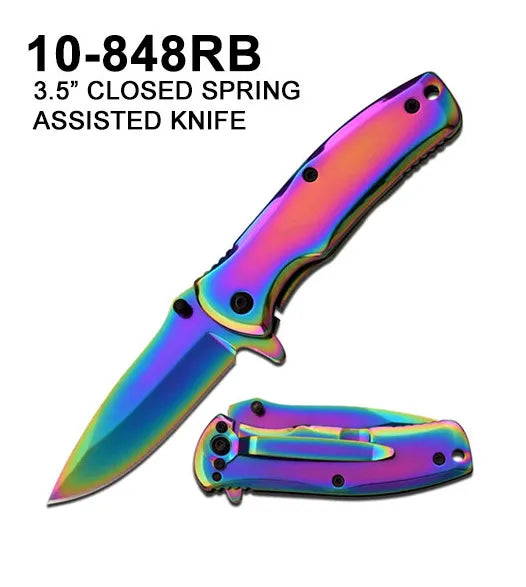 Spring Assisted Folding Knife Rainbow Stainless-Steel Blade & Handle S ...