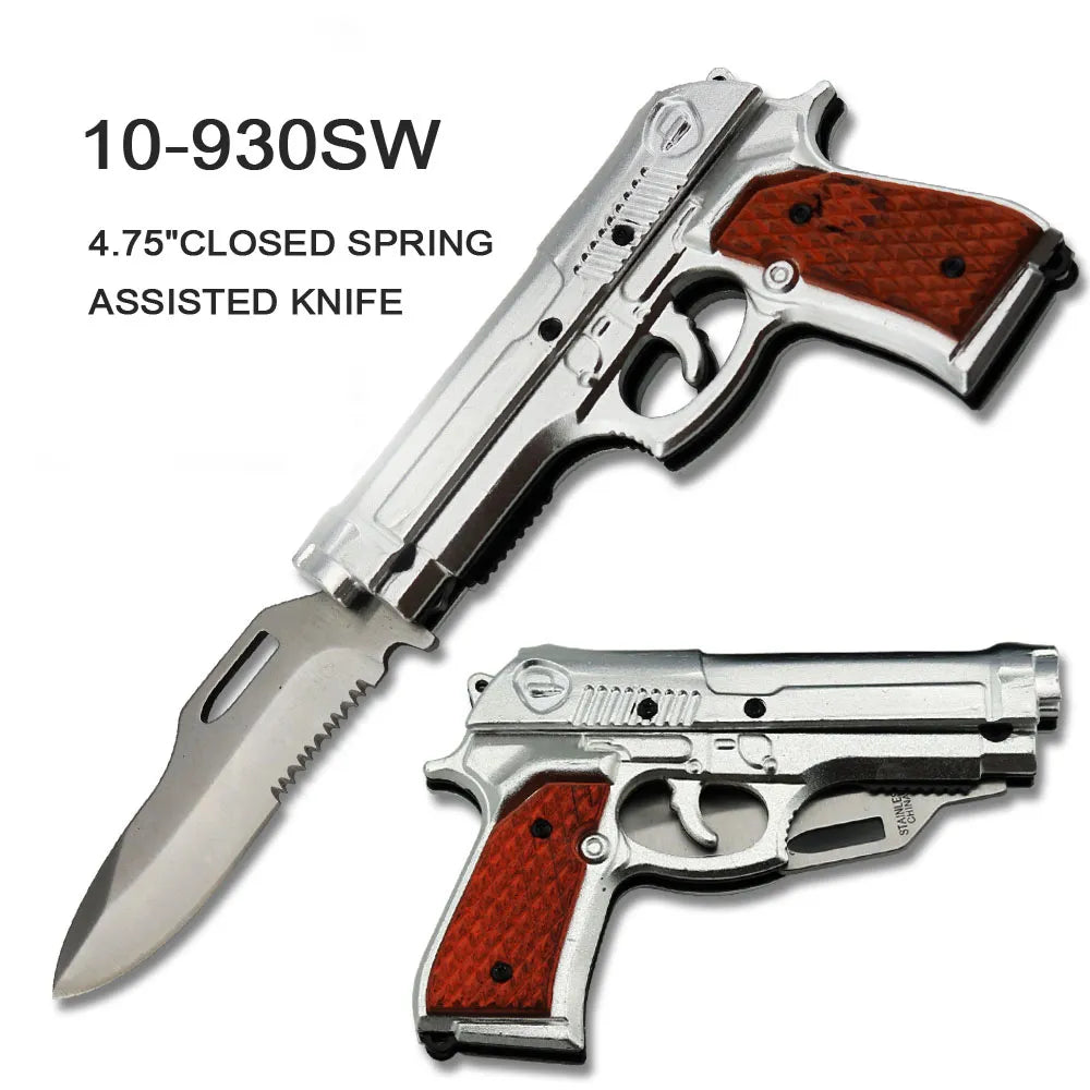 Spring Assist Gun Knife w/Sheath Silver Alum./Wood SKU 10-930SW ...