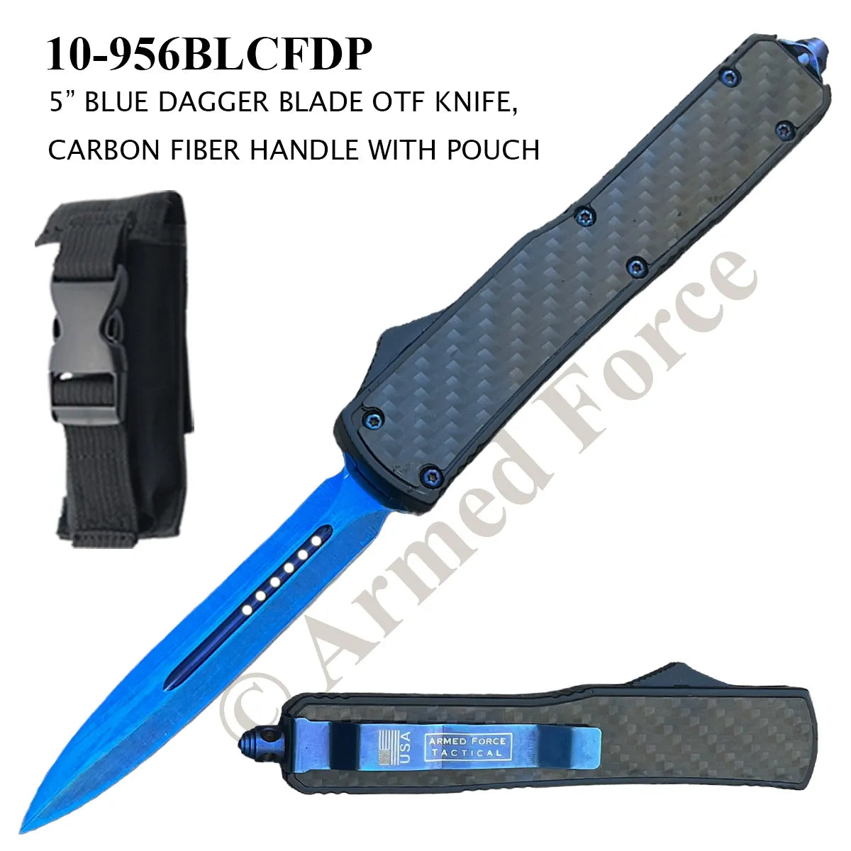 Armed Force Tactical OTF Knife w/Sheath Blue Titanium Coated Steel Bla ...