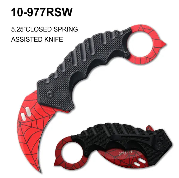 EliteEdge Spring Assist Karambit Knife Red Spiderweb Stainless-Steel B ...