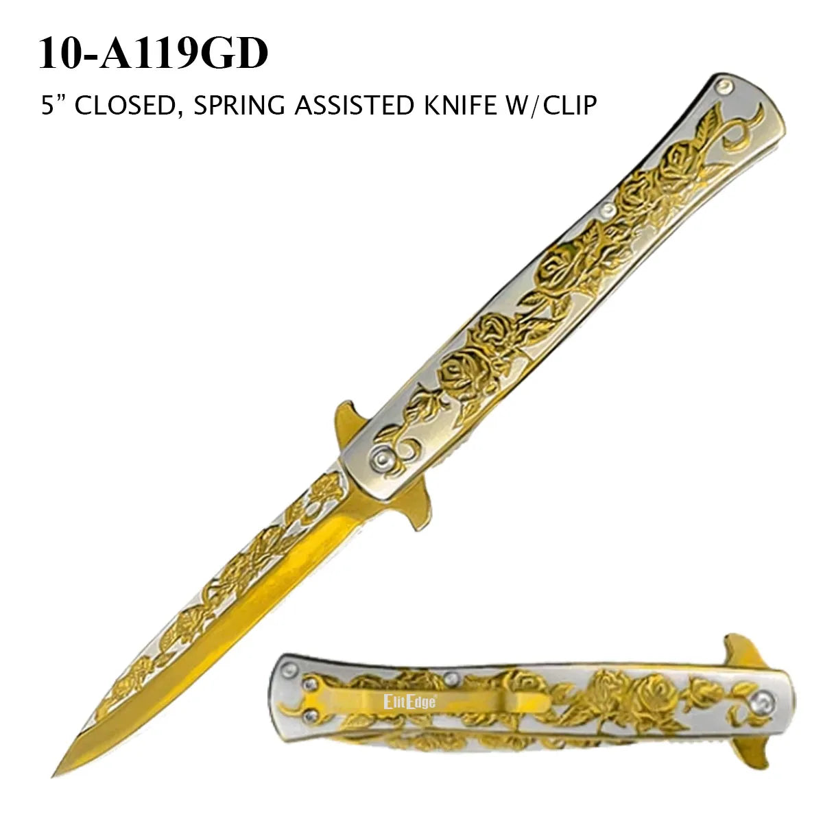 EliteEdge Spring Assist Stiletto Style Knife Gold Rose Stainless-Steel ...