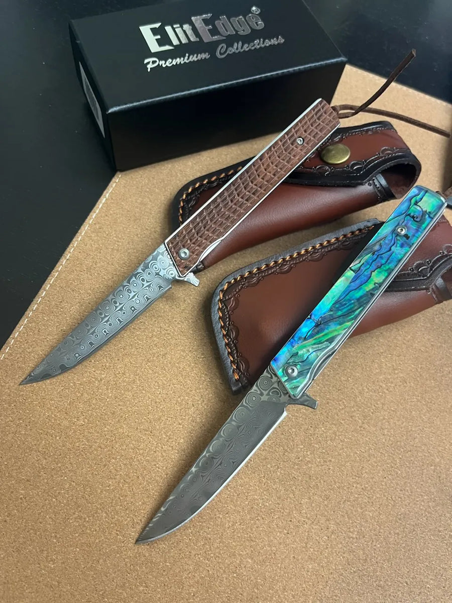 Ball Bearing Liner Lock Knife w/Leather Sheath Damascus Steel Drop Poi ...