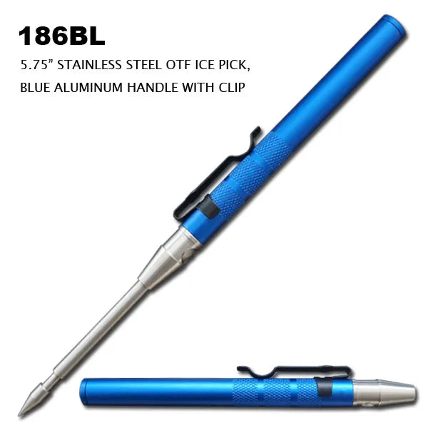 OTF Automatic Icepick Stainless Steel/Blue Aluminum Handle SKU 186BL ...