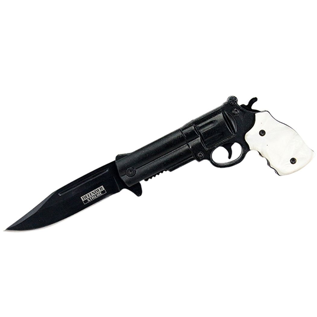 Defender-Xtreme Spring Assist Gun Knife Black Steel Blade/Faux Pearl H ...