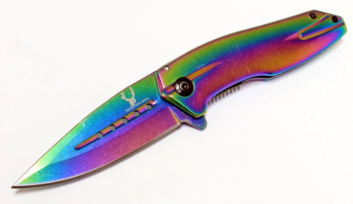 The Bone Edge Spring Assist Iridescent Stainless-Steel Folding Knife S ...
