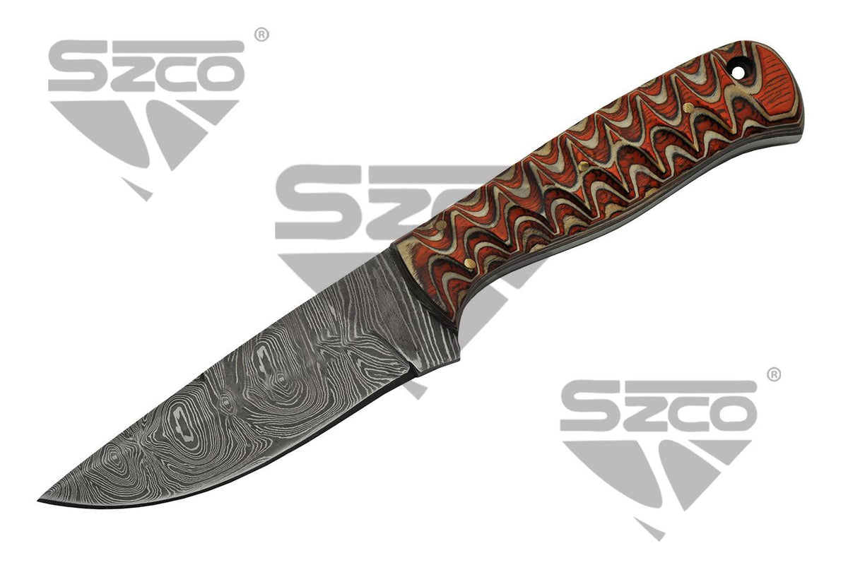 Exotic Hunting Knife 8" Damascus Steel/Grooved Color wood Handle SKU D ...