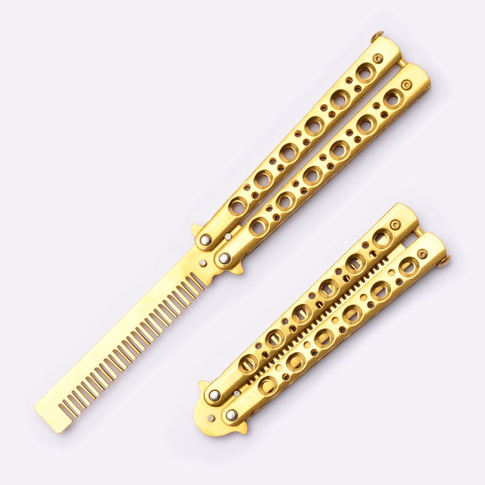 Snake Eye Tactical Butterfly Comb Training Knife Gold Stainless-Steel ...
