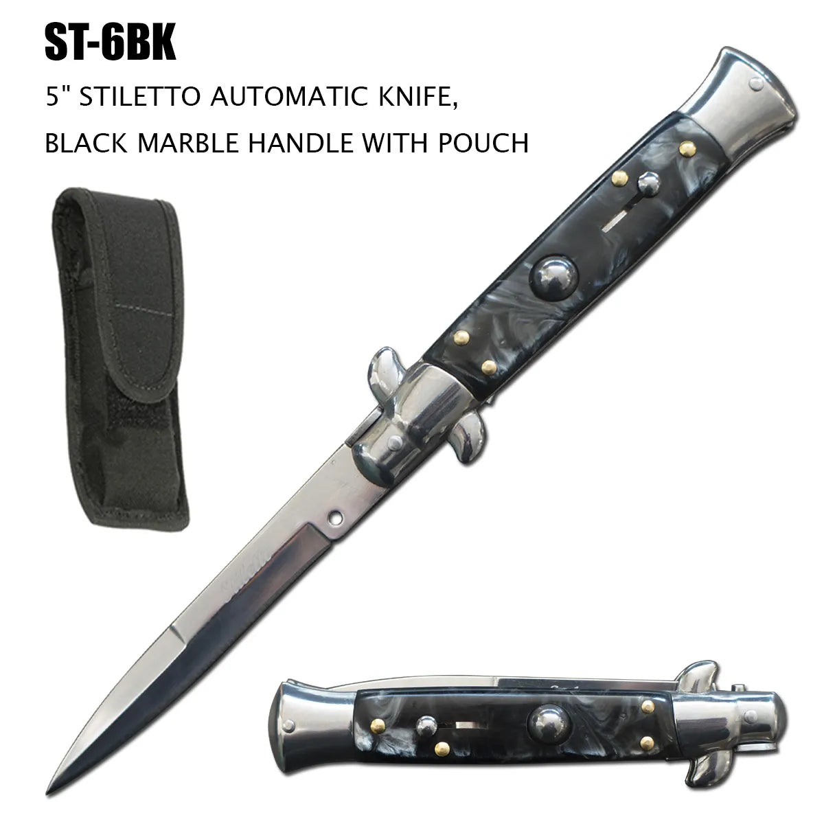 Milano Stiletto Switchblade Knife 440 Stainless-Steel Blade/Black Faux ...