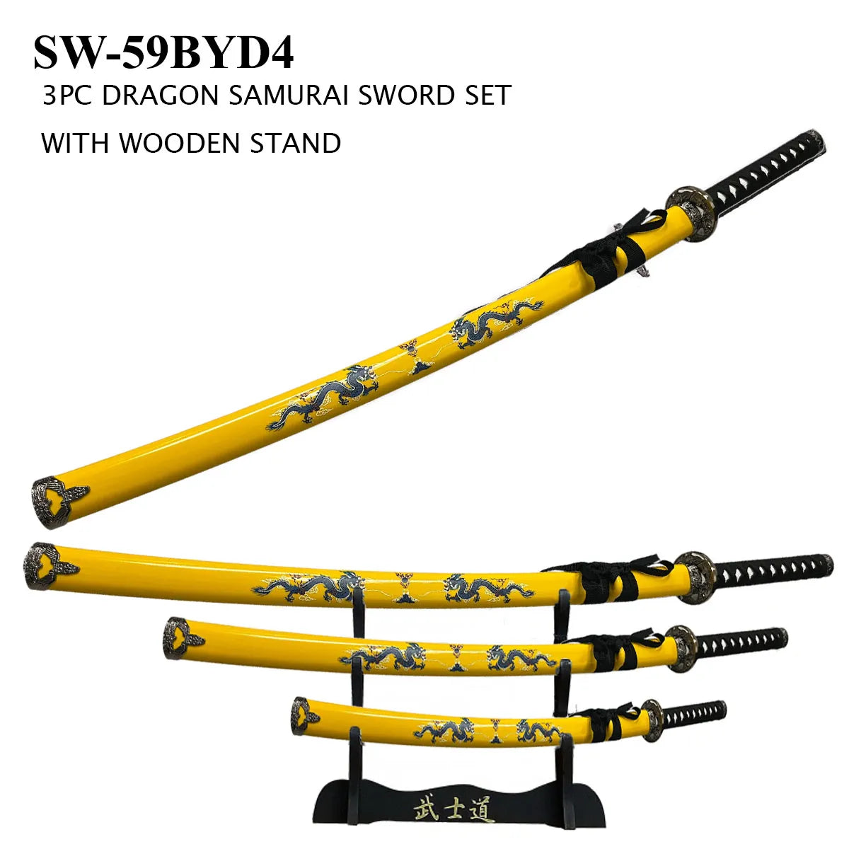 3 Piece Samurai Sword Set w/Stand High Carbon Steel Blades/Yellow Scab ...