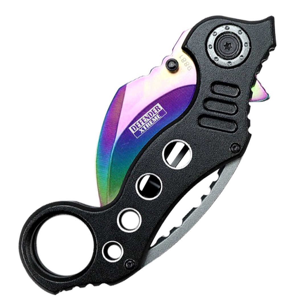 Defender-Xtreme Spring Assist Rainbow & Black Handle Karambit Folding ...