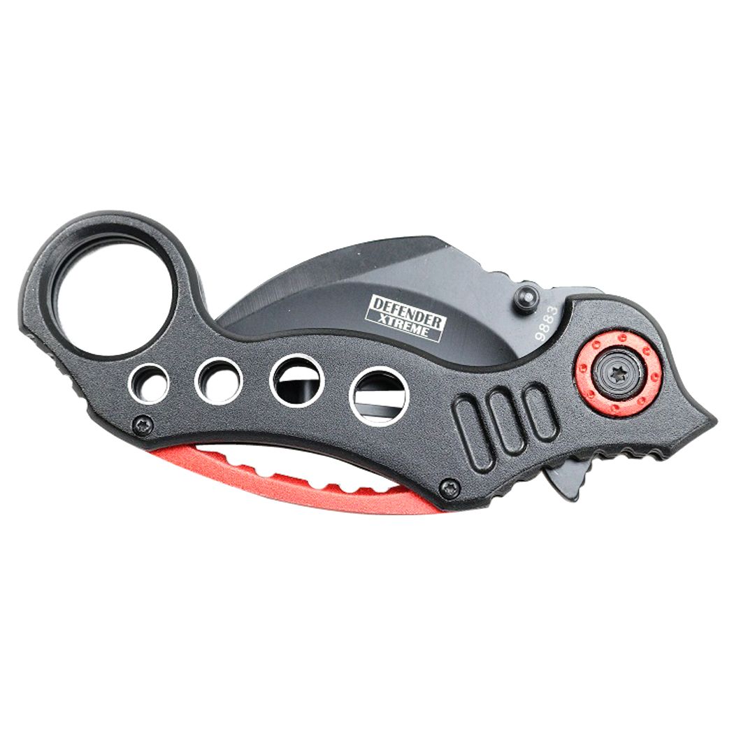 Defender-Xtreme Spring Assist Black & Black, Red Handle Karambit Foldi ...