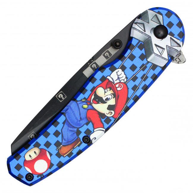 Mario Spring Assist Folding Knife Black Graphic Steel Blade/Blue Mario ...